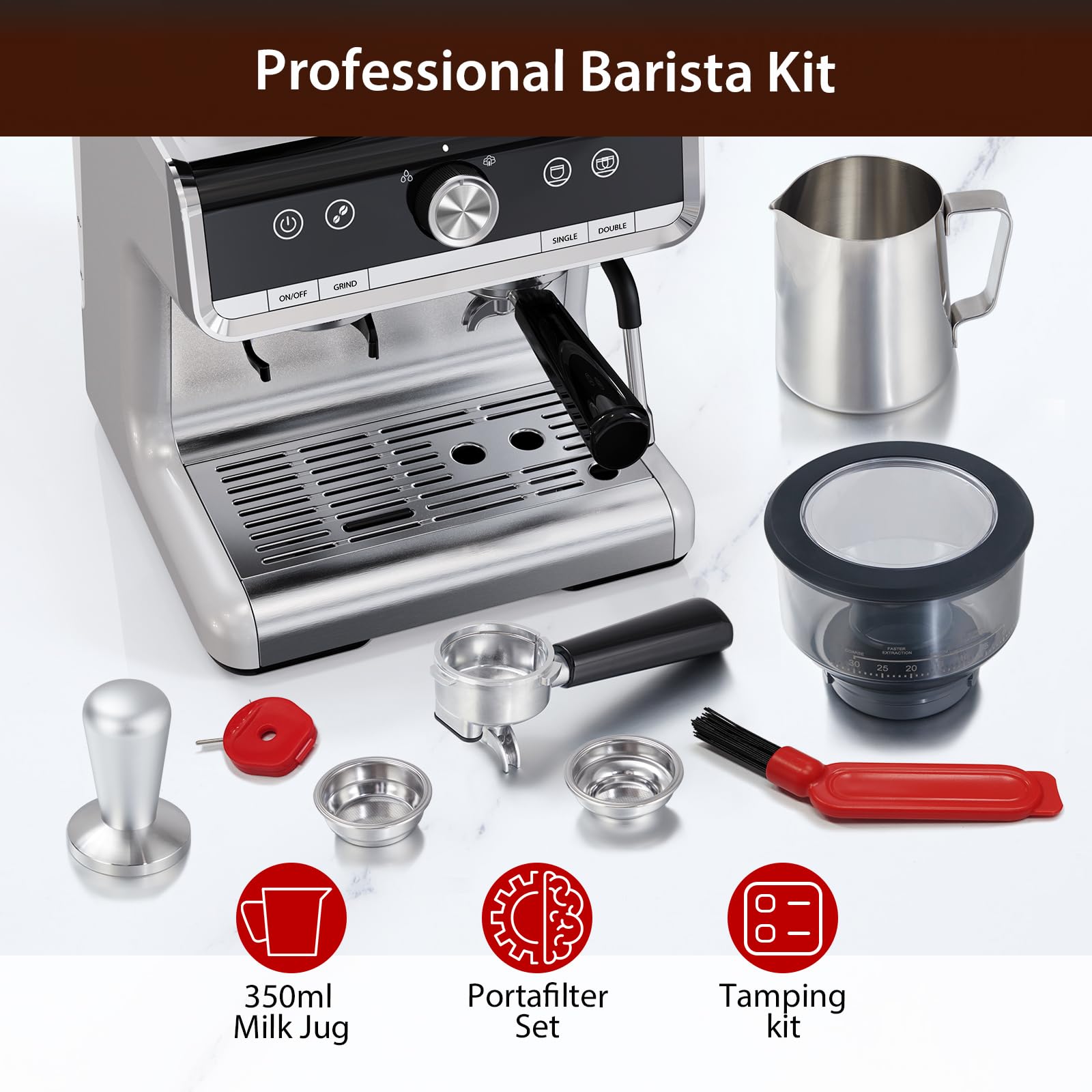 Takywep Espresso Machine with Grinder, 20 Bar Semi Automatic Espresso Machine with Milk Frother Steam Wand, Professional Barista Espresso Maker with 2.8L Water Tank, Perfect for Home, Office & Cafe