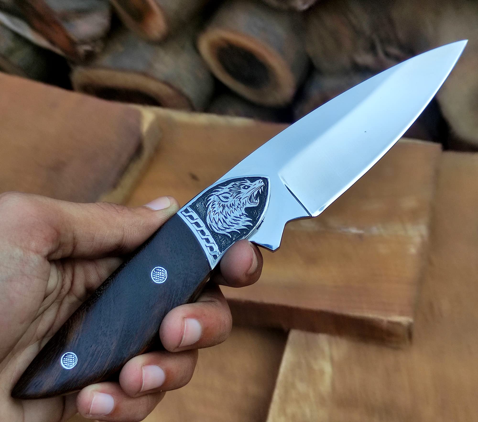 JNR Traders Handmade Hunting Knife With Sheath Mirror Polished D2 Steel 4 Inch Blade Engraved Deocrative Wood Handle 3749