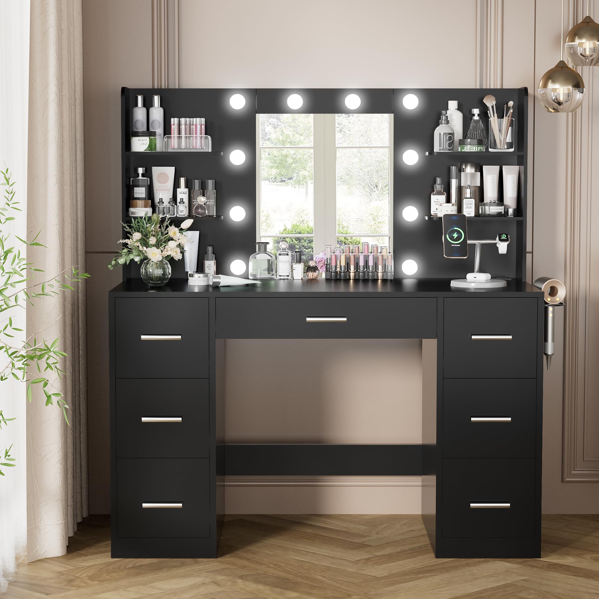 YESHOMY Vanity Desk with Mirror, Makeup Table with 2 Large Drawers, Power Outlet and Round Holder, 3 Color Modes Adjustable Bulb, Bench Included, White