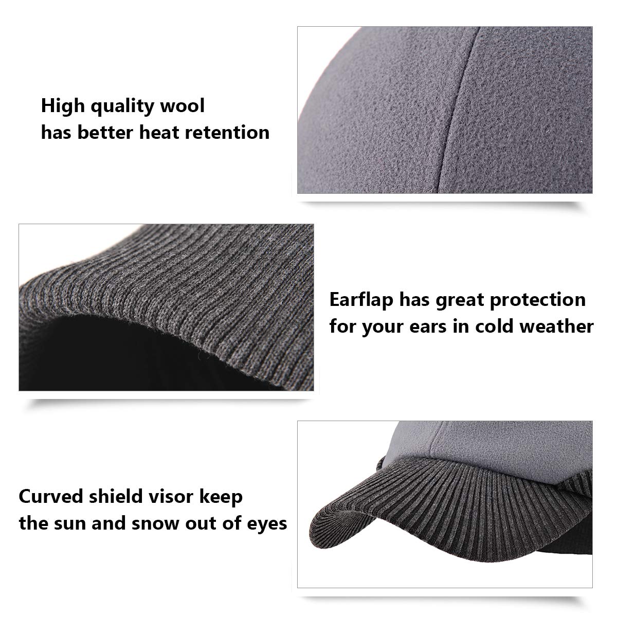LCZTN Wool Winter Baseball Cap with Warmer Earflap for Men & Women Outdoor Beanie Hat Dark Grey