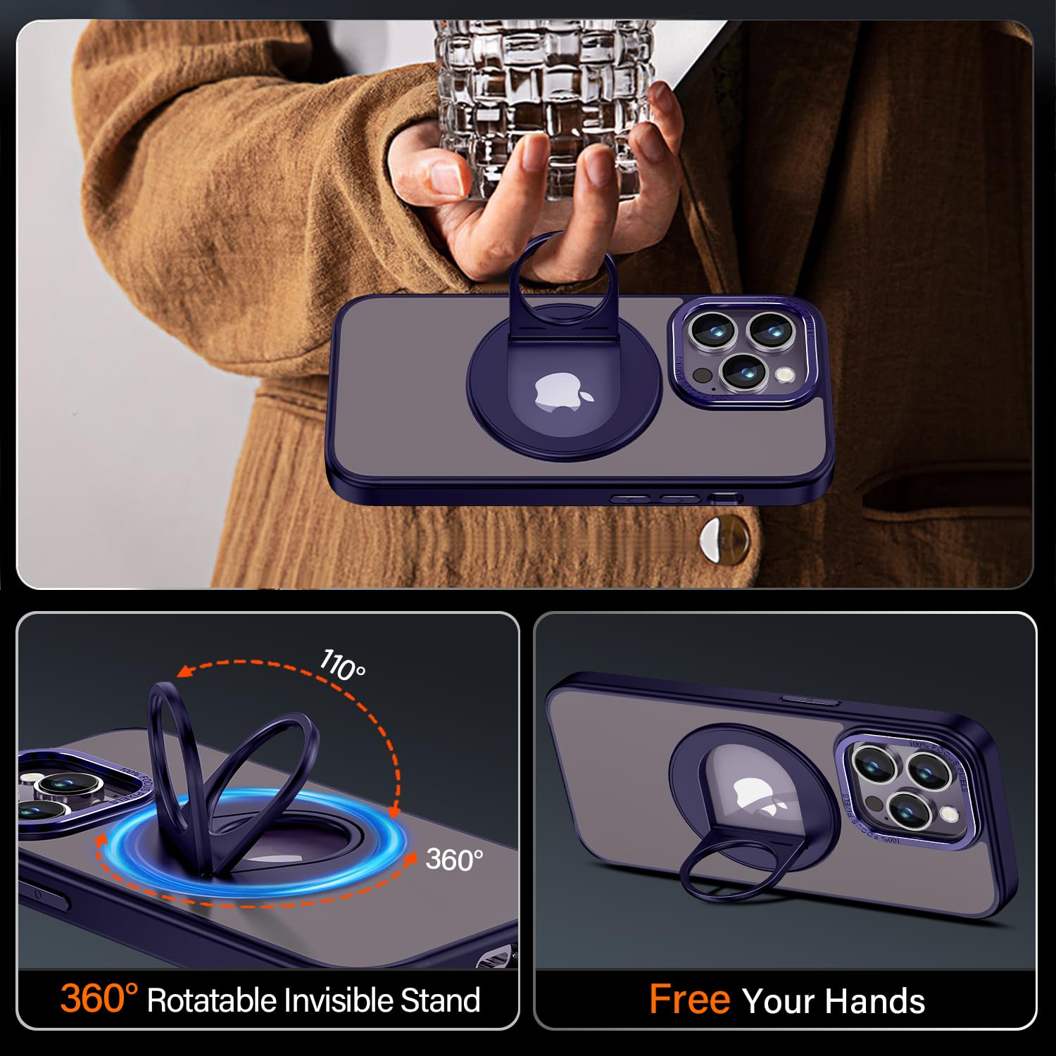 KMERUOTR 360° Rotatable Ring for iPhone 14 Pro Max Case [Compatible with MagSafe] [Military-Grade Protection], Shockproof Protective Slim Invisible Stand for Women Men Phone Case 6.7 Inch,Purple