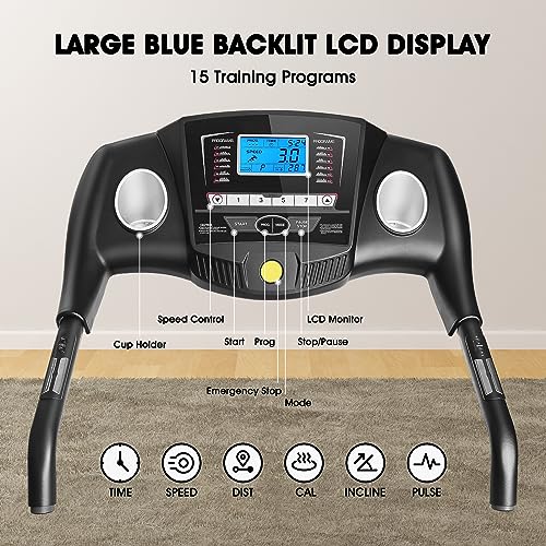 Treadmill with 3-Level Manual Incline for Home Use 17'' Wide Folding Electric Running Machine 2.5HP/8.5MPH with 15 Preset Programs Running Machine Large LCD Display