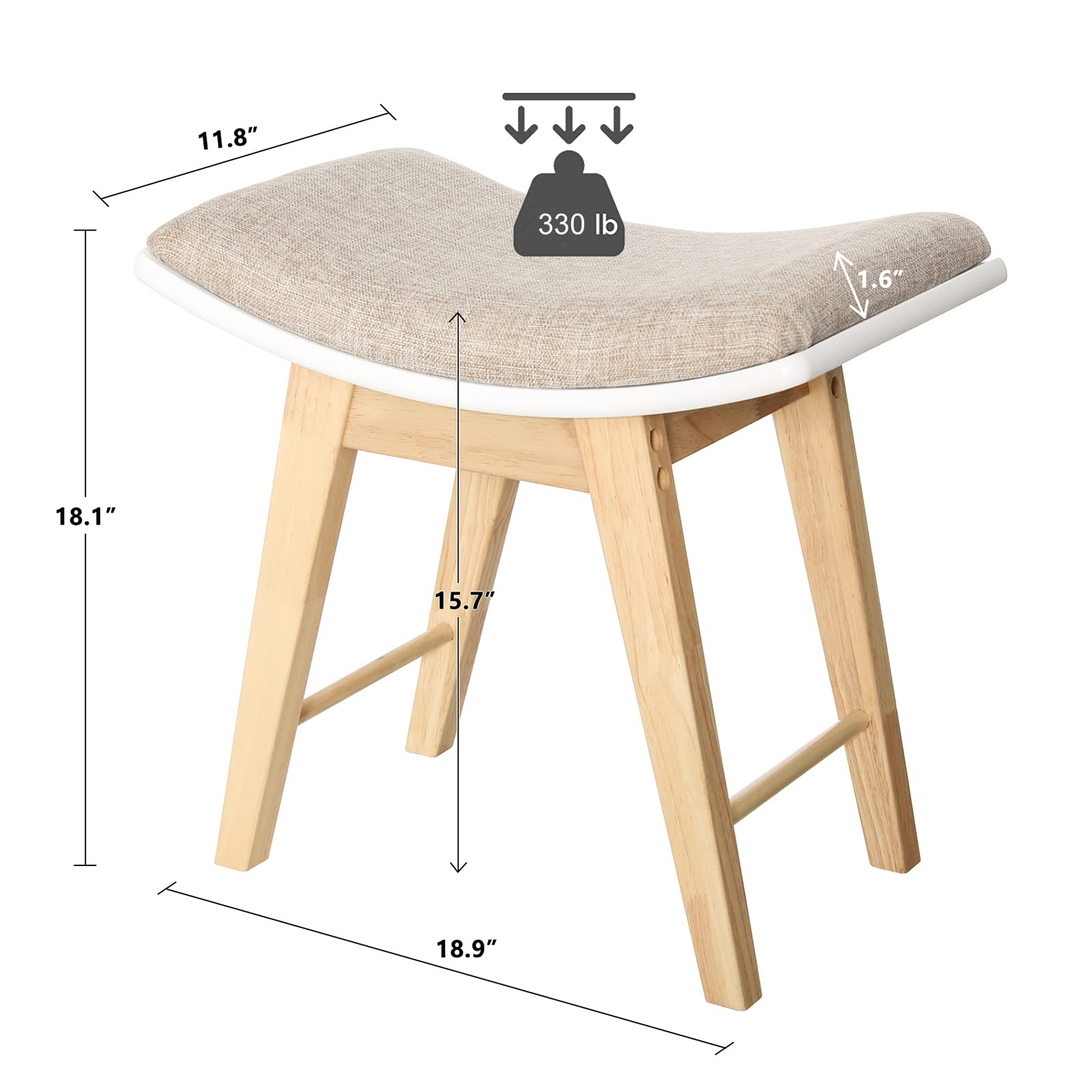 Iwell Vanity Stool, Vanity Bench with Rubberwood Legs & Padded Cushion, Vanity Chair, Vanity Seat, Makeup Dressing Stool for Bedroom, Natural