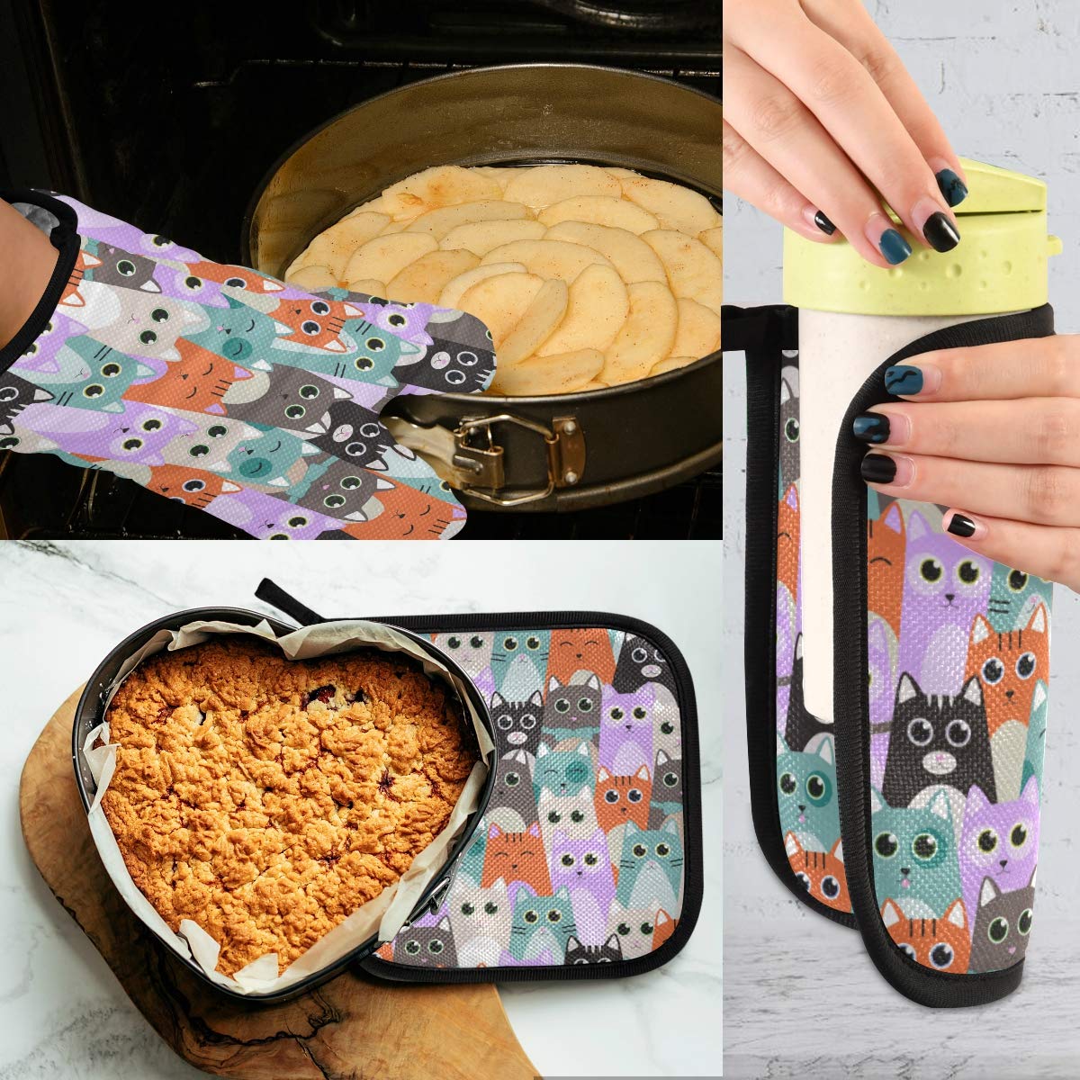 Oven Mitts Pot Holders Sets - Cute Cats for Kids Oven Gloves Hot Pads Non-Slip Potholders for Kitchen Cooking Baking BBQ