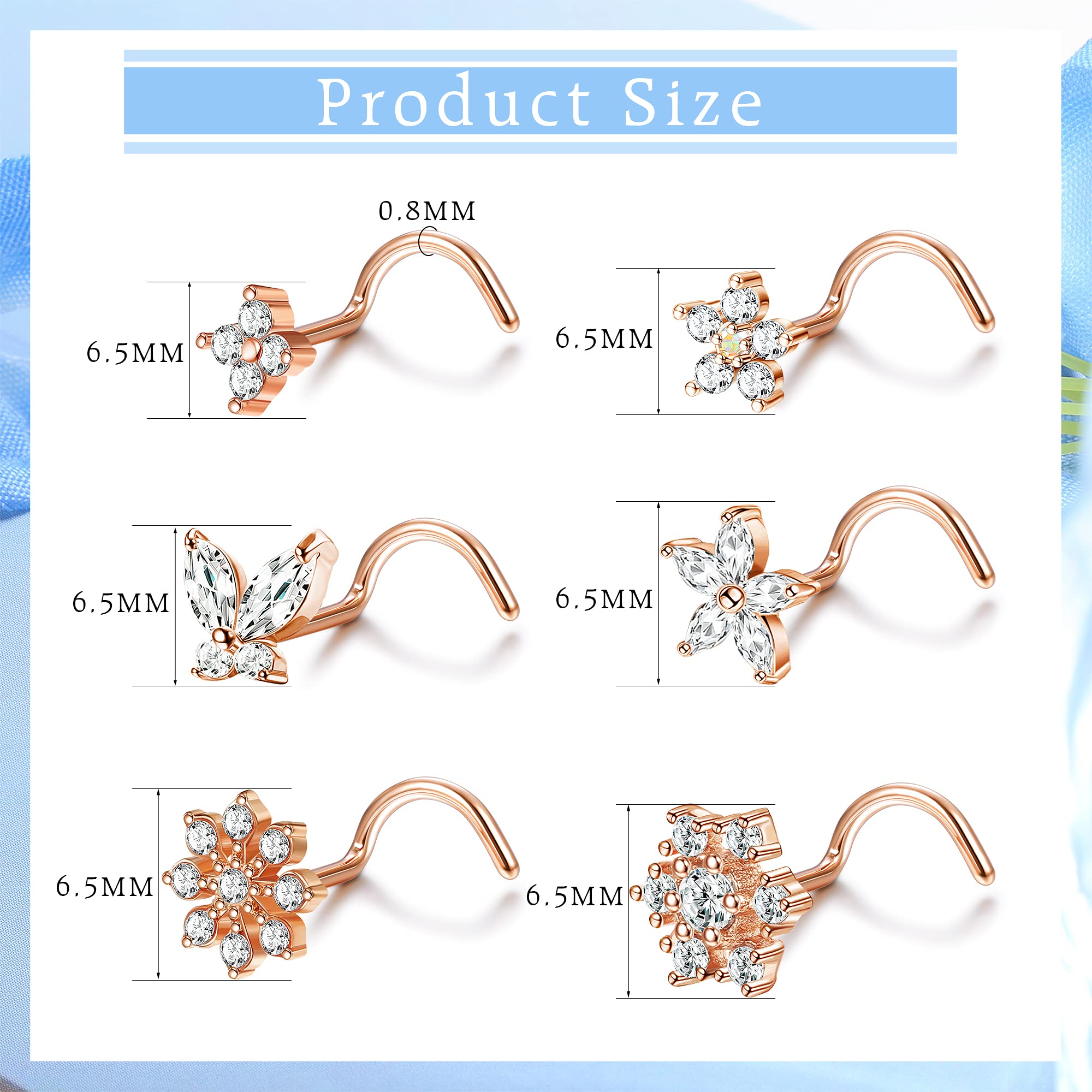 LOYALLOOK 6PCS 20G Nose Ring Stud L-Shape Nose Rings Cubic Zirconia Butterfly Nose Screw Studs Rings Stainless Steel Flower Nose Piercing Ring, L-Shape Rose Gold