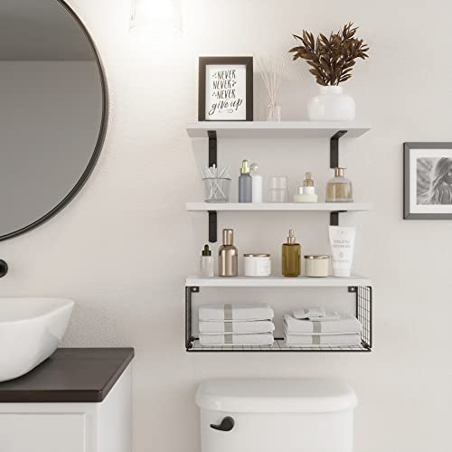 WOPITUES Bathroom Shelves Over Toilet, Floating Wall Mounted with Wire Basket, Wood Floating Shelf for Wall Décor, Bathroom Wall Décor Shelves–White