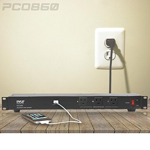 Pyle 19 Outlet 1U 19" Rackmount PDU Power Distribution Supply Center Conditioner Strip Unit Surge Protector 15 Amp Circuit Breaker USB Multi Device Charge Port 15FT Cord (PCO860) Black