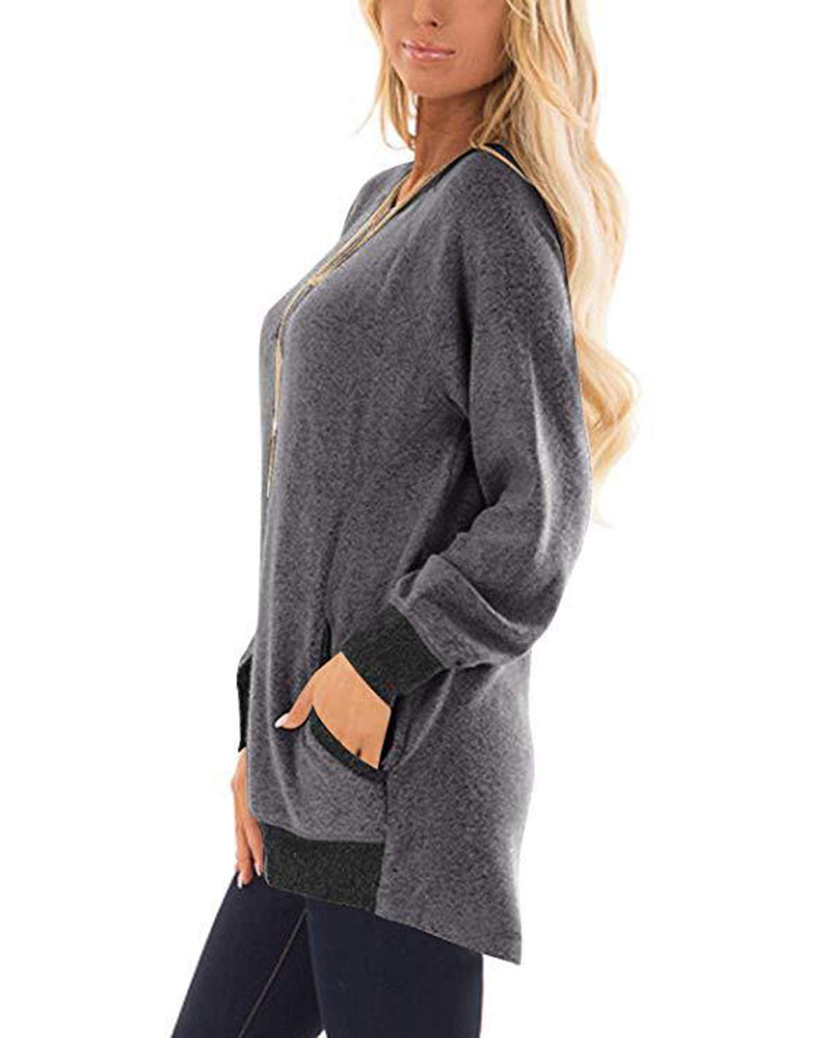kydely Womens Baggy Long Sleeve Sweatshirts Comfy Sweaters Color Block Blouses Tops T Shirts Grey L