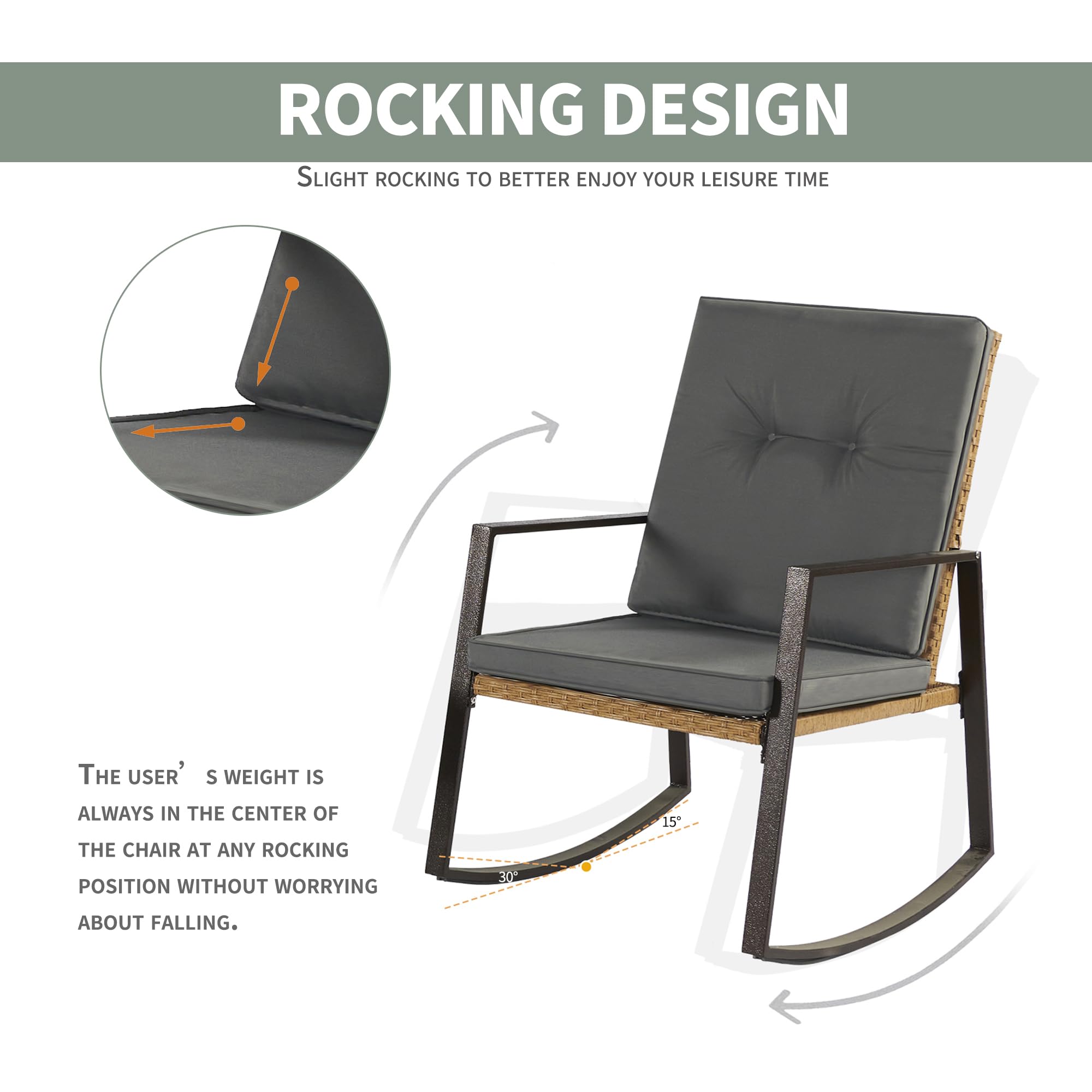 VSMKSJ 3 Pieces Patio Rocking Chairs Set of 2, Outdoor Wicker Patio Sets Conversation Coffee Table for Front Porch,Balcony,Garden,Poolside,Washable Cushion (Grey)