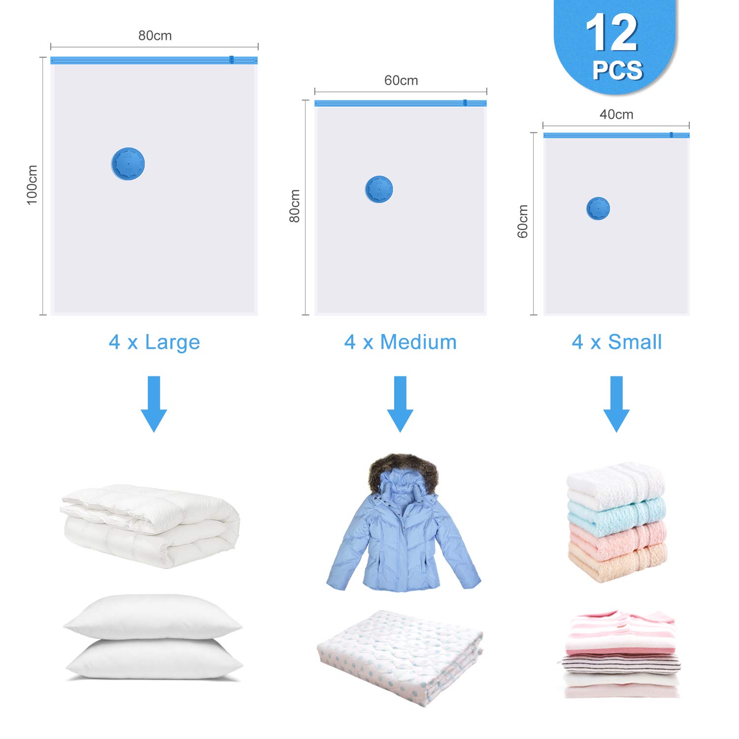 Vacuum Storage Bags for Clothes, 12 Pack Vacuum Sealer Bags Clothes Blankets 4 Jumbo +4 Large + 4 Medium Bolsas Para Guardar Rropa Cobijas with Travel Hand Pump and Laundry Bag