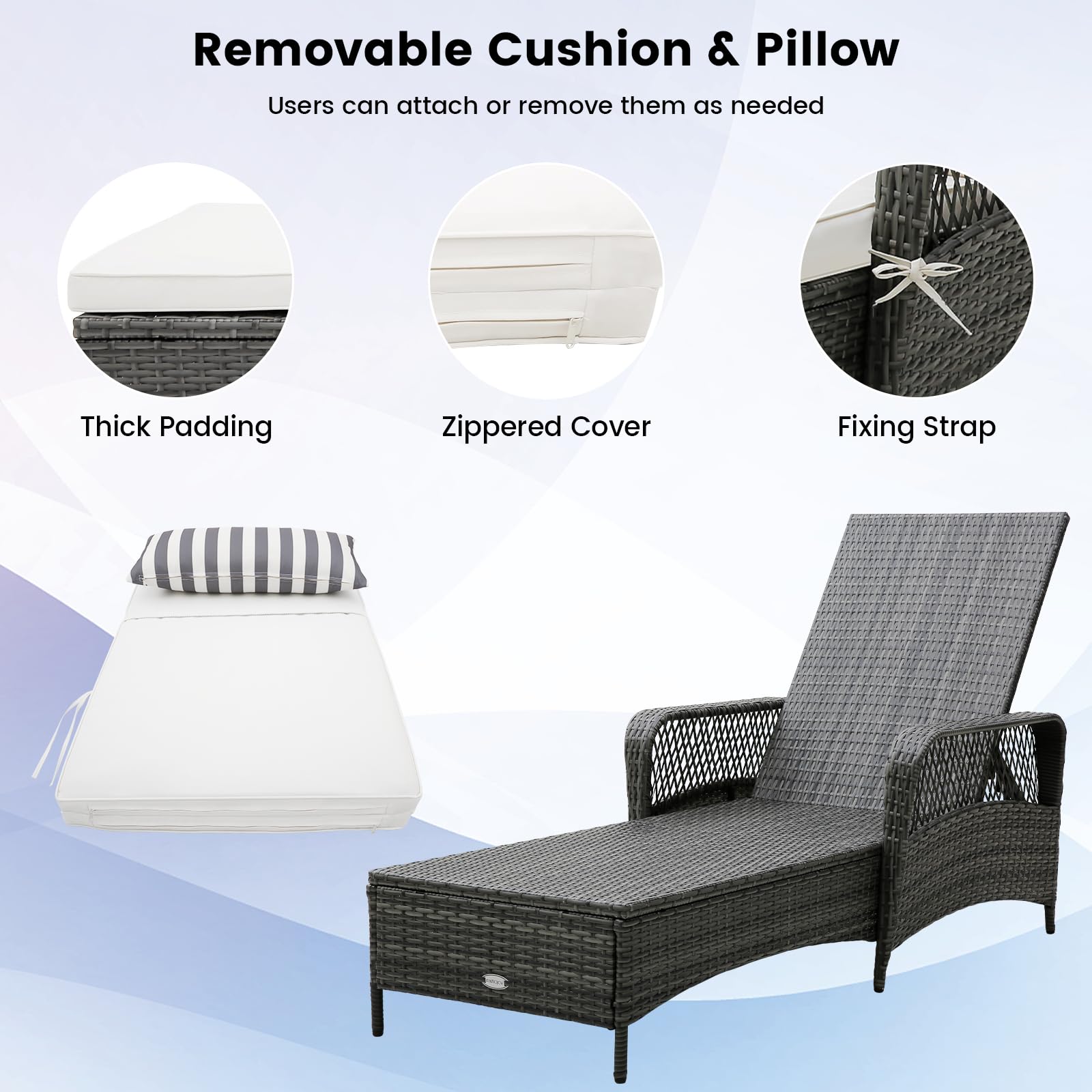 HAPPYGRILL 2PCS Patio Rattan Chaise Lounge, Outdoor PE Wicker Sun Lounger with Adjustable Backrest, Removable Cushion & Pillow, Reclining Chaise Lounge Sunbed for Balcony Poolside Yard