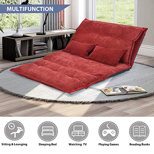 SYING88 Lazy Floor Sofa Adjustable Folding Futon Sofa Video Gaming Sofa with Two Pillows,Sleeper Bed Couch for Adults,for Bedroom Living Room Reading Gaming Small Spaces Apartment (Red)