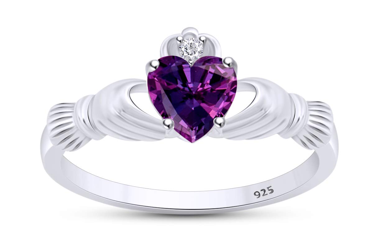 Jewel Zone US Heart Cut Simulated Amethyst & Cubic Zirconia Claddagh Ring In 14k White Gold Over Sterling Silver Jewelry Gift For Her Ring Size-8.5