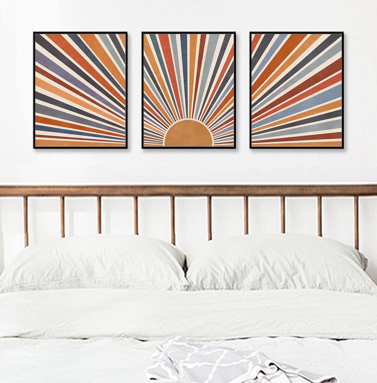 Sun Rays Print Boho Wall Decor Mid Century Modern Geometric Sunshine Wall Art Abstract Sun Boho Print Nursery Blue Orange Decor Set Of 3 UNFRAMED 11X14INCH