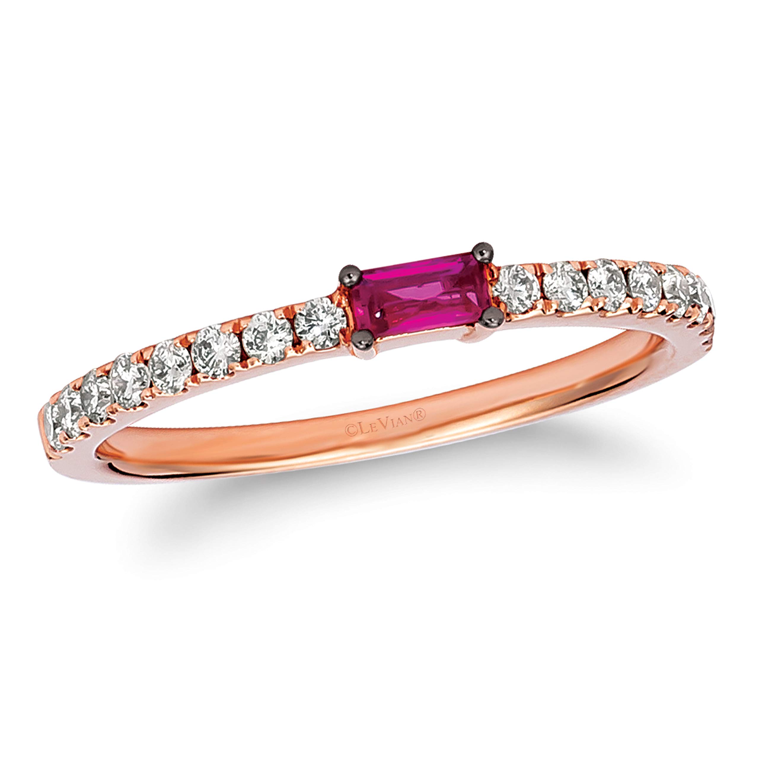 LE VIAN 1/4 Carat Diamond and Baguette Cut Red Ruby Stackable Band Ring for Women in 14k Rose Gold (Champagne Color, SI1-SI2, cttw) Anniversary Promise Ring Size 6.5