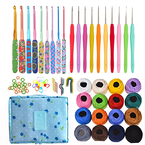 Katech 89 pcs Yarn Crochet Kit for Crochet and Knitting, Different Sizes Crochet Hooks with 16 pcs Colorful Yarn Skeins, Ergonomic Crochet Needle DIY Yarn Weaving Tool (Light Blue)