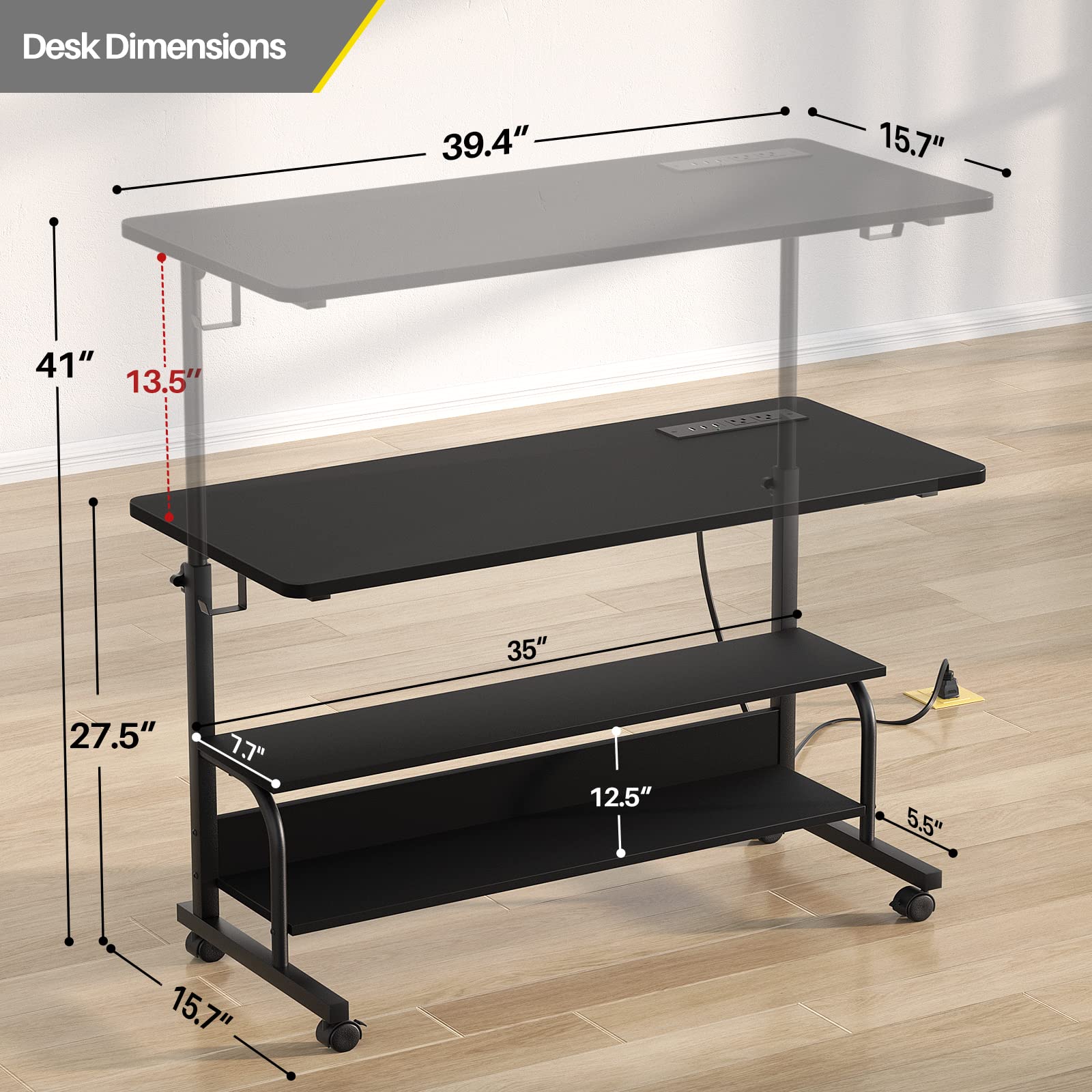 Height Adjustable Standing Desk with Power Outlets, 39" Manual Stand Up Desk with Storage Shelves Small Mobile Rolling Computer Desk Portable Laptop Table with Wheels for Home Office, Black