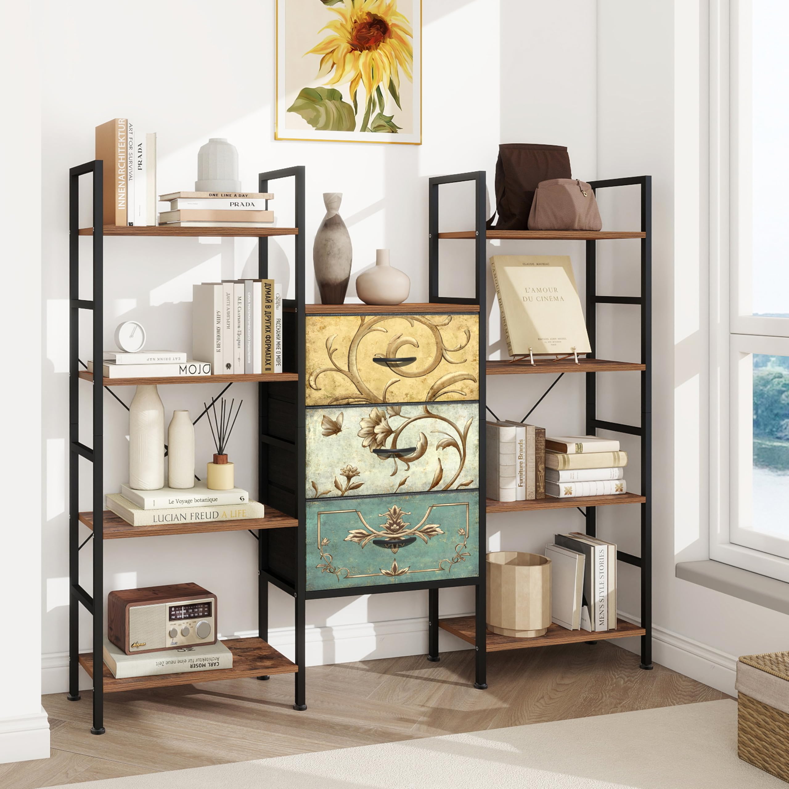 Tohomeor Triple Wide Bookcase with 3 Retro Flower Fabric Storage Drawers 4-Tier Bookshelf with 9 Open Display Shelves Industrial Bookshelf for Bedroom Home Office Living Room