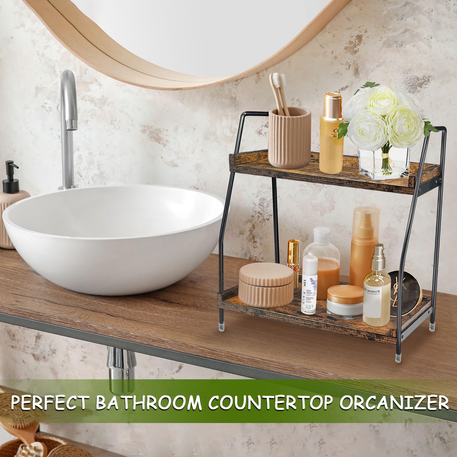 WOYAOHJK 2 Tier Bathroom Counter Organizer, Bathroom Shelf Organizer Countertop, Vanity Shelf Organizer, Wood Countertop Bathroom Storage and Organization for Kitchen. (Rustic Brown)