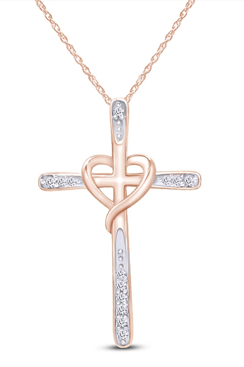 Jewel Zone US White Natural Diamond Cross Heart Pendant in 10K Rose Gold (1/20 cttw)