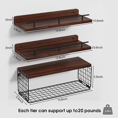 Xeapoms Floating Shelves with Wire Storage Basket, Wall Mounted Bathroom Shelves Over Toilet with Metal Guardrail, Rustic Wood Wall Shelf for Bathroom Decor,Bedroom,Living Room,Kitchen β Rustic Brown