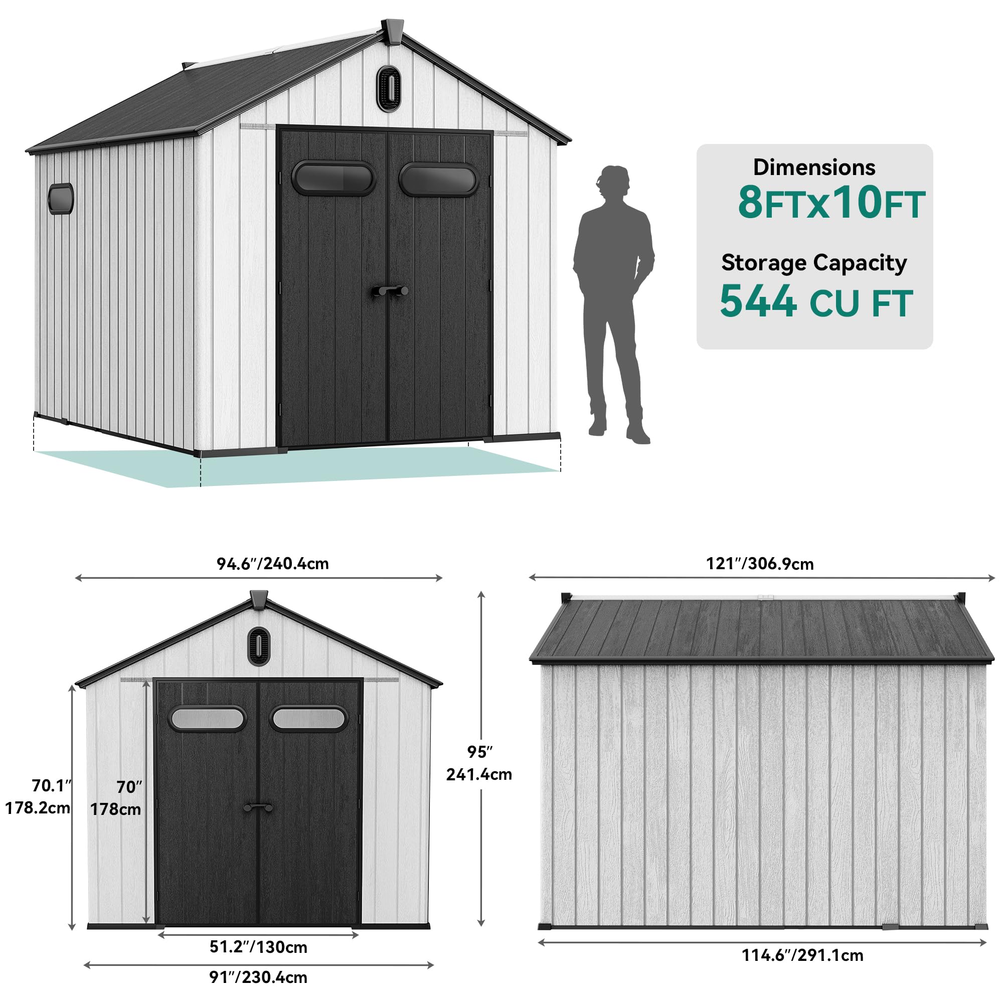 YITAHOME 8x10ft Resin Storage Structure, Outdoor 544 cuft Plastic Garden Storage Unit with Windows, Vents and Lockable Entrance, Waterproof Tool Organizer with Flooring for Lawn Equipment