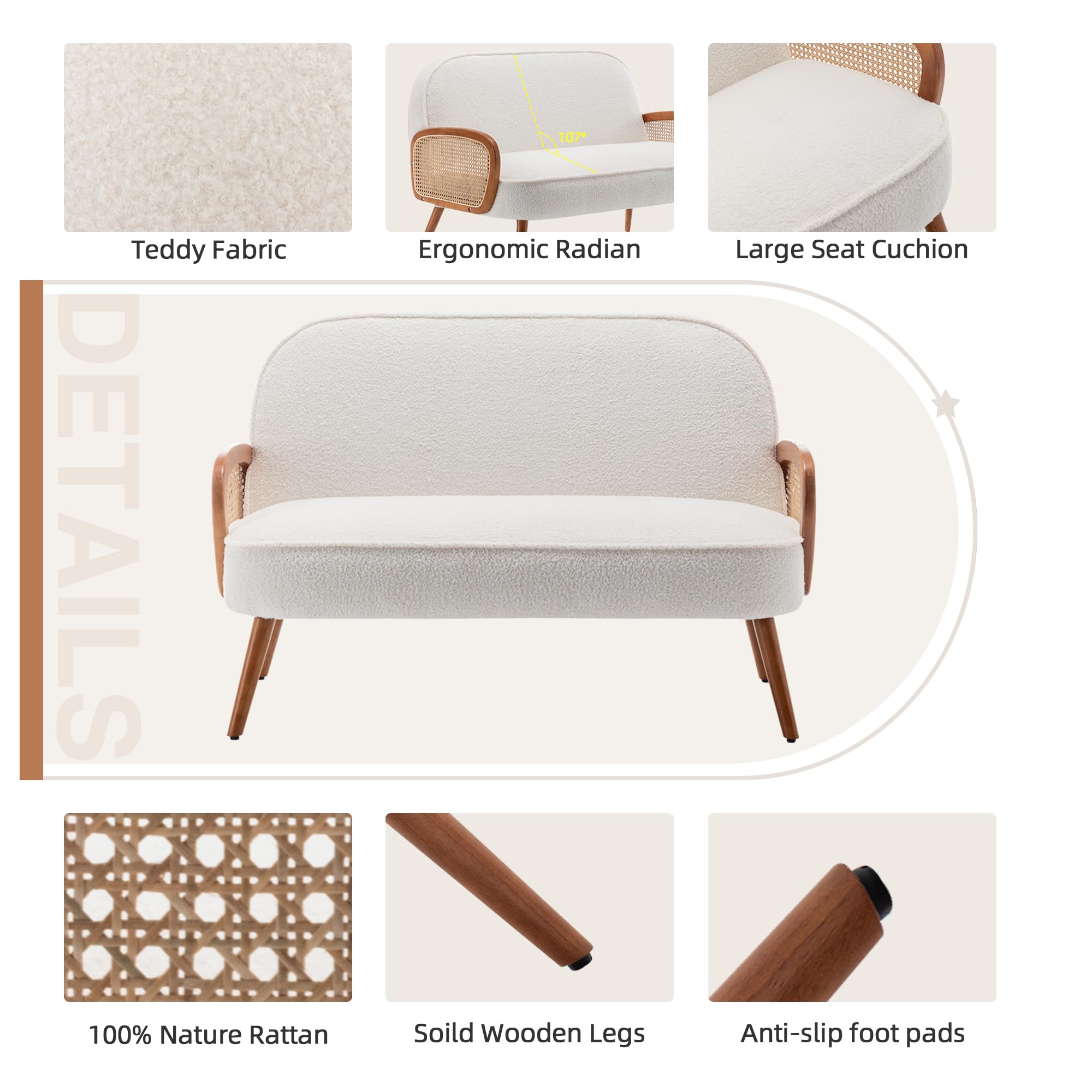WENTMENT Loveseat Sofa Small Couch for Living Room Teddy Love Seat with Natural Rattan Armrest and Solid Wooden Legs Small Sofa for Small Space, Bedroom, Apartment(White)