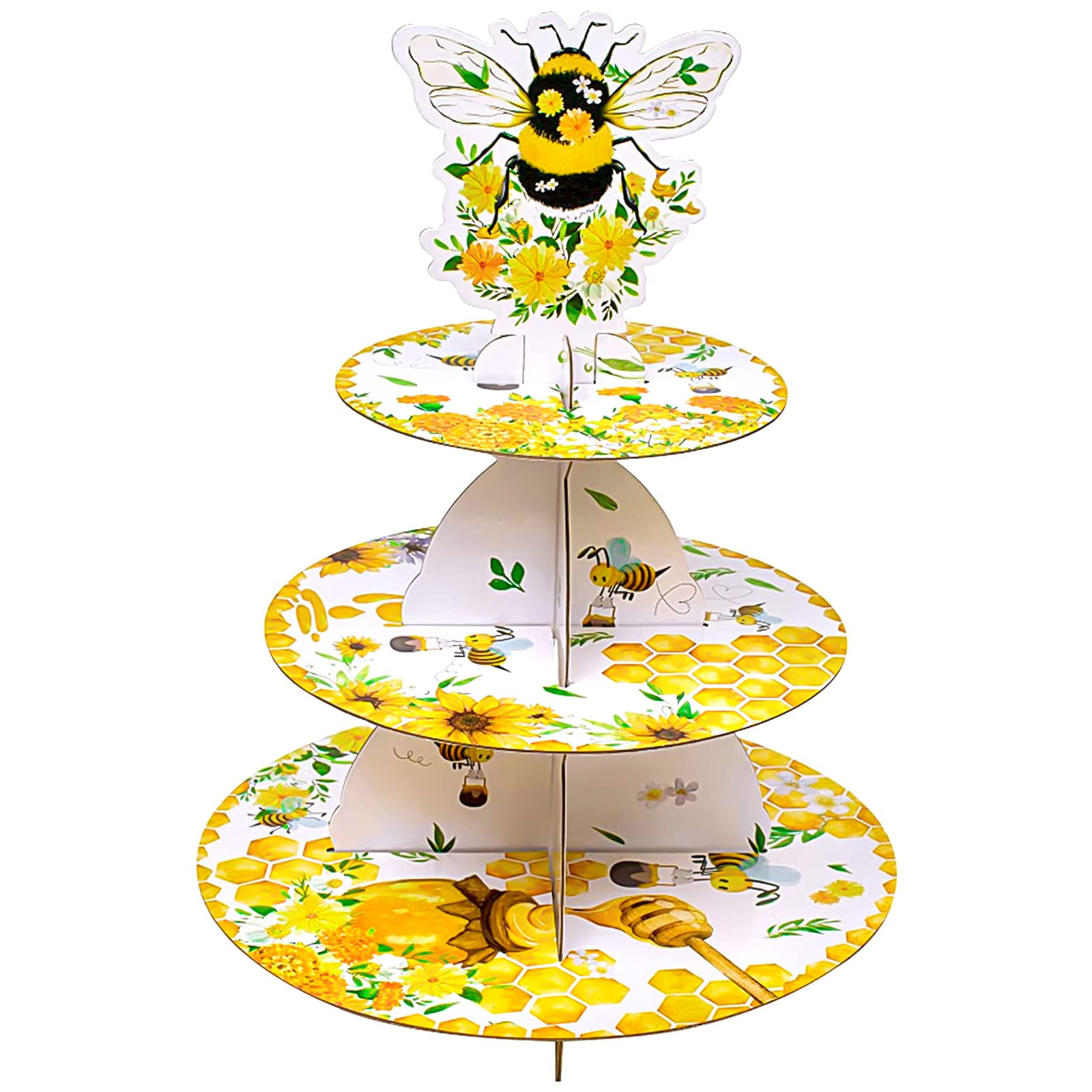 KVCSYAW 3 Tier Bee Cupcake Stand, Yellow, Cardboard, Round, 12 x 12 x 15.2 in