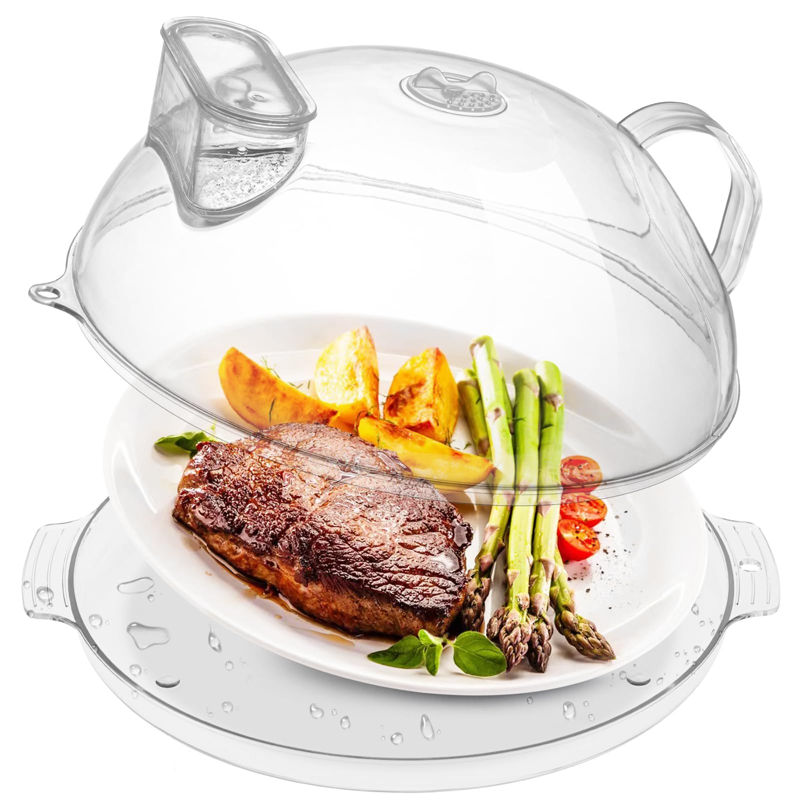 WENWELL Microwave Cover with Water Steamer & Tray,Food Protector for Splatter Guard,Dish Bowl Plate Serving Lid with Handle,BPA-Free,Clear Safe Plastic,10 Inchs