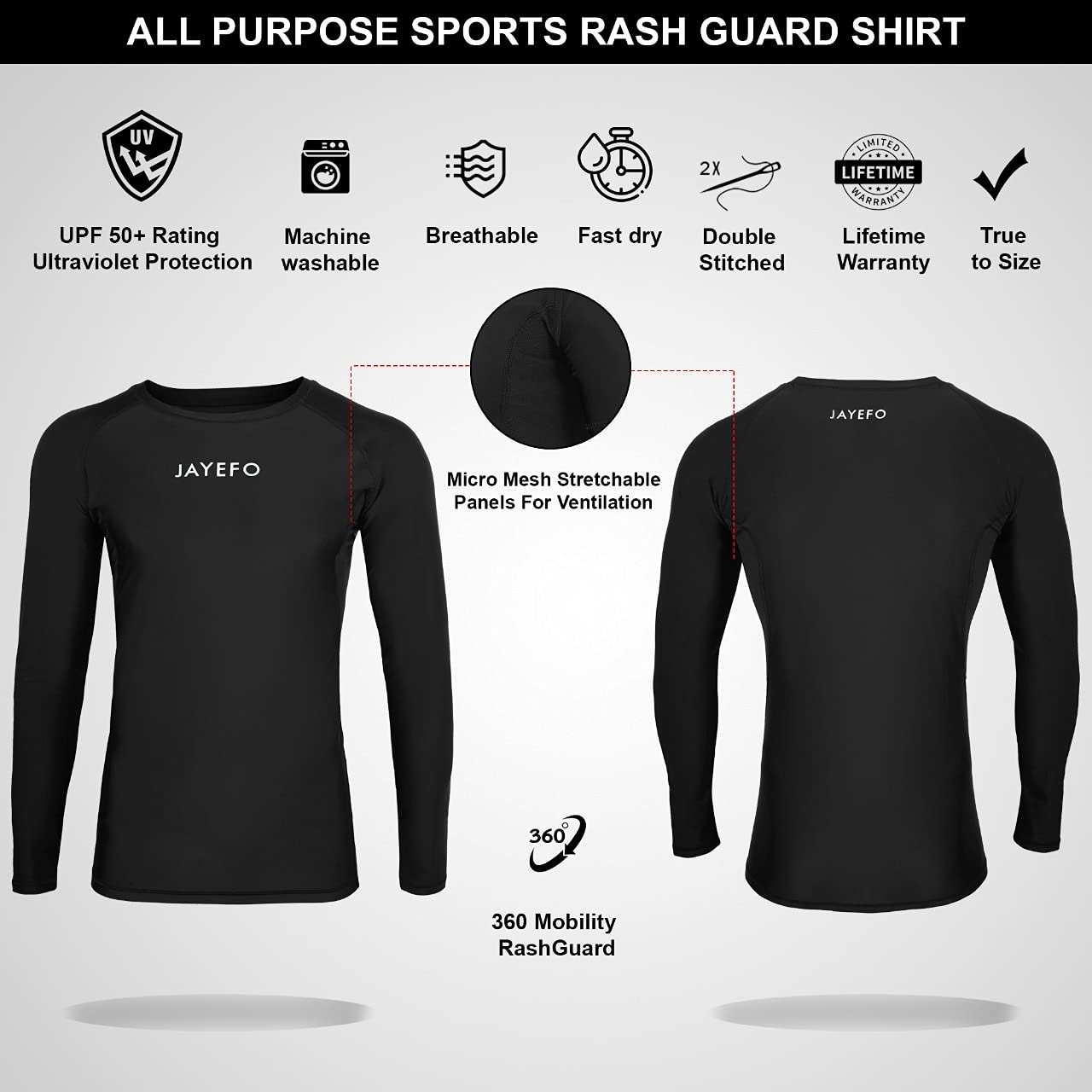 Jayefo Rash Guard Mens Full Sleeve Shirt for Workout, Gym, MMA, BJJ, Surfing, Kayaking - Athletic Men Compression Shirt for - Medium - Black