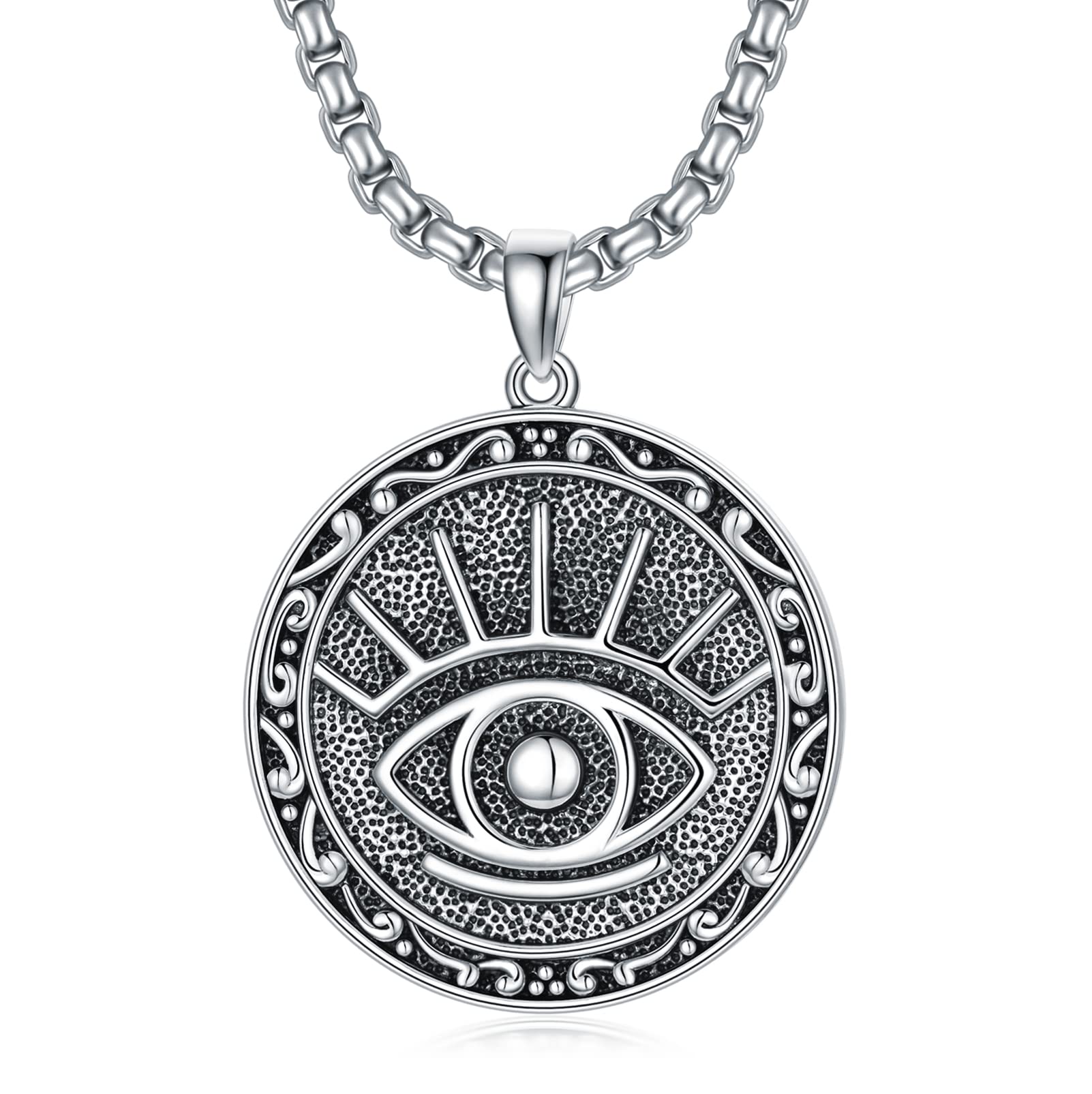 PDTJMTG Evil Eye Necklace Sterling Silver Evil Eye Pendant with 22”+2” Stainless Steel Chain Gift for Men Women