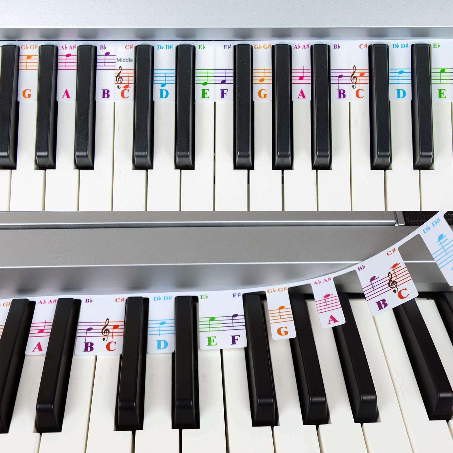 QMG Colorful Piano Keyboard Notes for Beginner, Removable Note Labels for Learning, 61 Key Full Size Piano Rake Key, Reusable, No Need Stickers