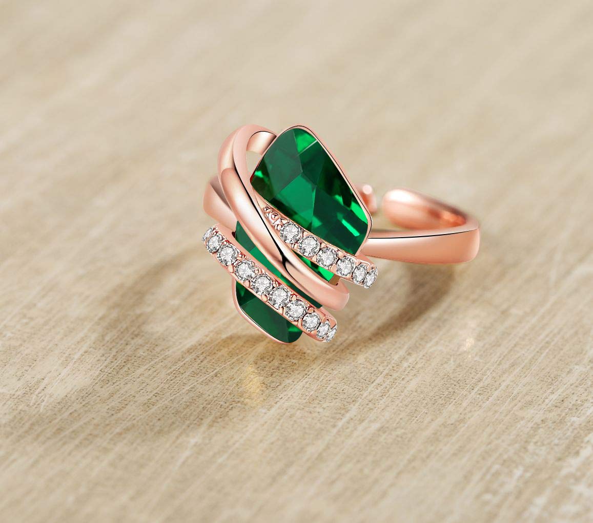 Leafael Wish Stone Women's Adjustable Crystal Open Ring (Emerald Green Rose Gold Plated) Gifts for Women May Birthstone Jewelry, Size 6.5-8