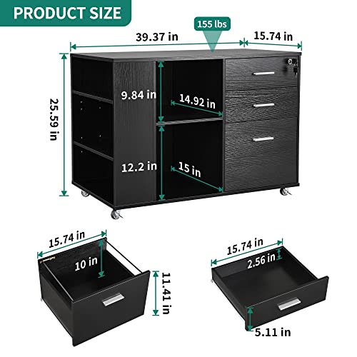 YITAHOME Mobile Wood File Cabinet, 3 Drawer Lateral Filing Cabinet, Black
