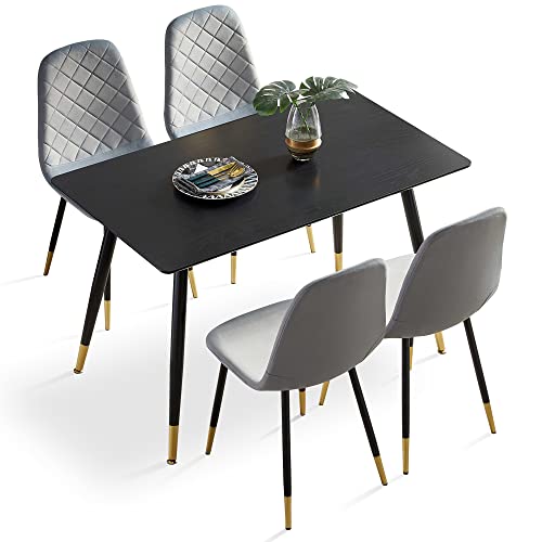 Ufurpie 5-Piece Dining Table Set, 47'' Rectangle Kitchen Table and 4 Grey Velvet Chairs,Solid Metal Gold Legs, Perfect for Kitchen, Breakfast, Dining Room Set for 4