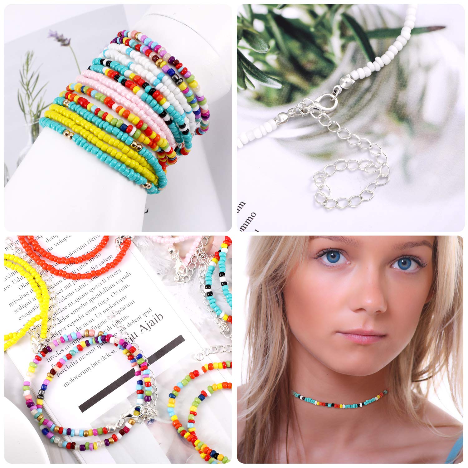 Hicarer 16 Pcs Beaded Choker Necklace Boho Women Bohemian Seed Beads Choker Colorful Bead Necklace for Women(Classic)