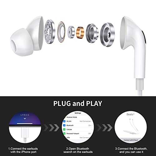 XNMOA Wired Headphones for iPhone 14 13/12/11/Se/X/Xr/Xs/8/7, Wired Earbuds Noise Canceling in-Ear Headset with Microphone,Comfortable Wired Earphones with Volume Control,White