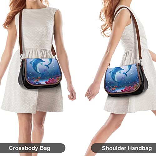 Pod of Lovable Dolphin Women's Vintage Crossbody Shoulder Bag Leather Handbags Small Purse