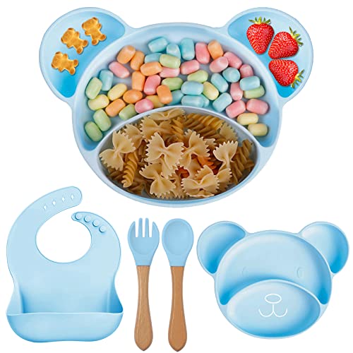 xuan dian Silicone Baby Feeding Set, Silicone Suction Plate Shape Self Feeding Adjustable Bib,Suction Plate for Baby Toddler with Spoon Fork Adjustable Bib Set-Blue