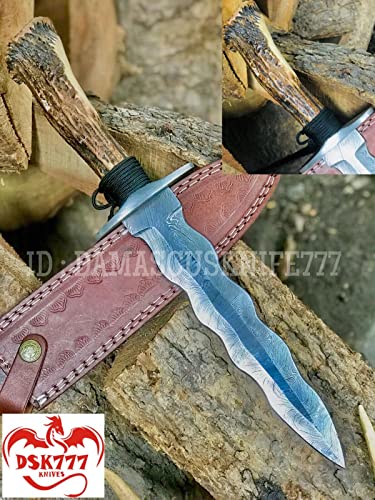 NoonKnives: custom Hand Made Damascus forge wavy style Steel Collectible wavy dagger Knife Handle deer stag horn crown with damascus Inserts (stag)