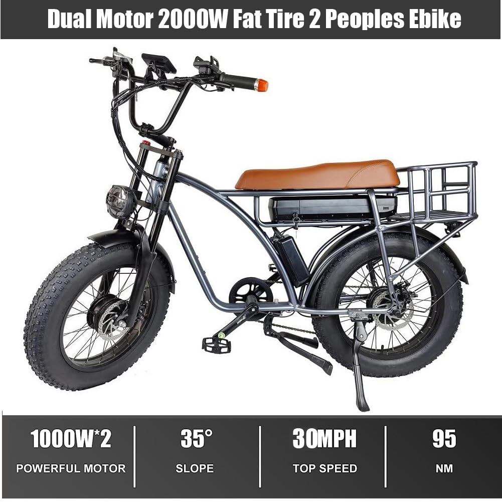 ikidsislands 2000W Electric Bike for 2 Adults, Fat Tire Mountain Ebike, 30 MPH 48V 18AH AWD Ebikes, Dual Motor E Bikes for Two People (Brown)