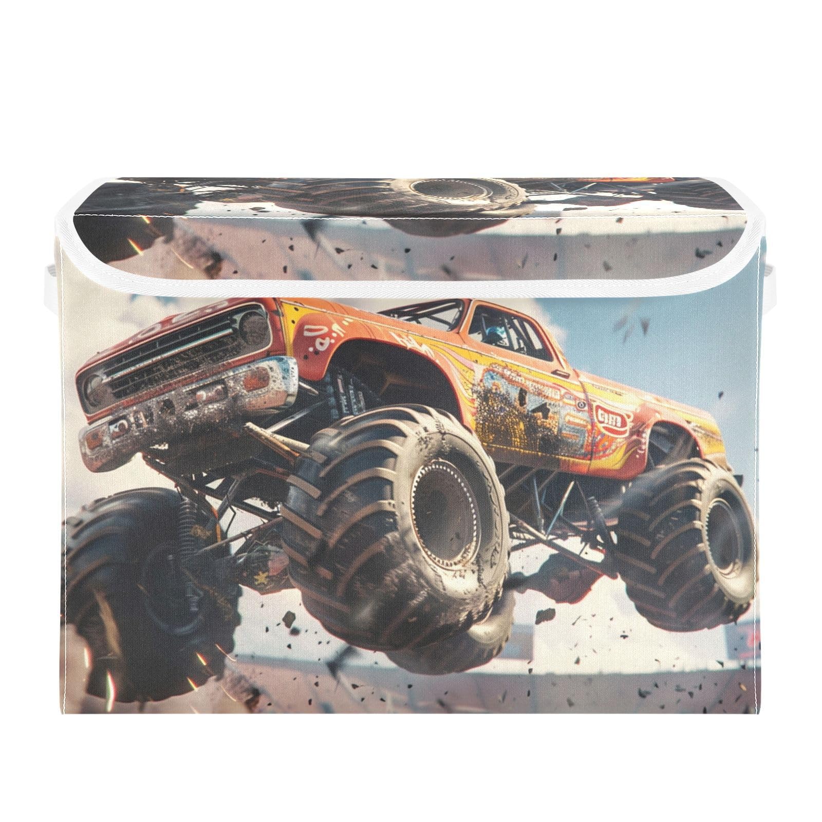 YMGQYJ Storage Cube with Lid Collapsible Monster Truck Jumping Print, Large Capacity Foldable Storage Basket Bin Organizer 16.5×12.6×11.8 IN