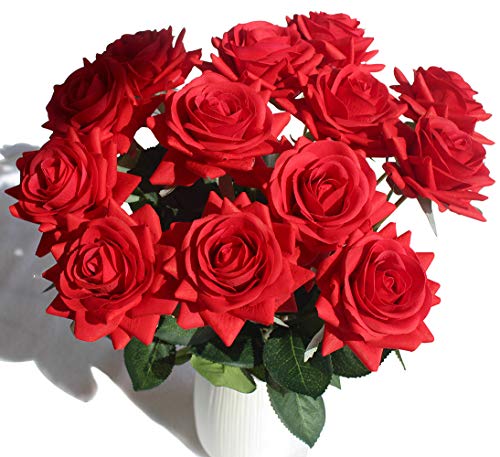 JOEJISN Artificial Flower Roses Fake Roses 12pcs Real Touch Artificial Roses Silk Artificial Roses Long Stem Bridal Wedding Bouquet for Home Garden Office Wedding Decorations (Red)