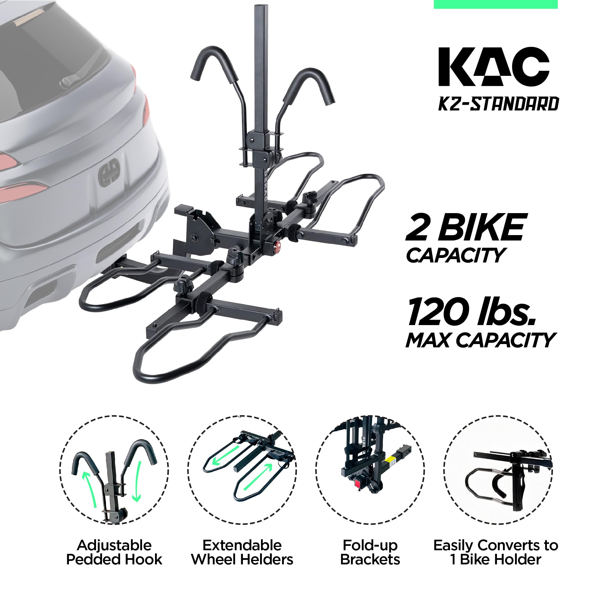 KAC Premium Bike Rack for Car, SUV, Hatchback Mount - 2" Anti-Wobble Hitch & Quick Release Lever for 2 Bikes - Heavy Duty Bicycle Carrier, Easy to Assemble/Install - Tire & Frame Straps Included