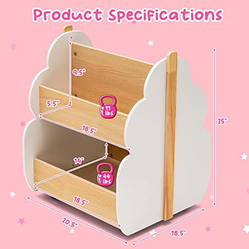UIIAIOUIAIO Kids Bookshelf, 2-Tier Wooden Storage Shelf Book Rack with Universal Wheel