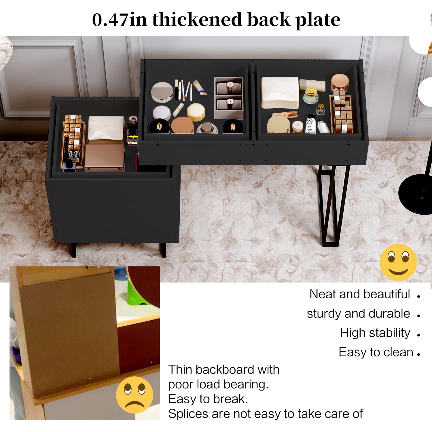 Ieejdn Cream, Vanity Desk with 3 Color Touch Screen Dimming Mirror, Modern Retractable Makeup Dressing Table with Adjustable Cabinet and 2 Sliding Drawers, Vanity Table