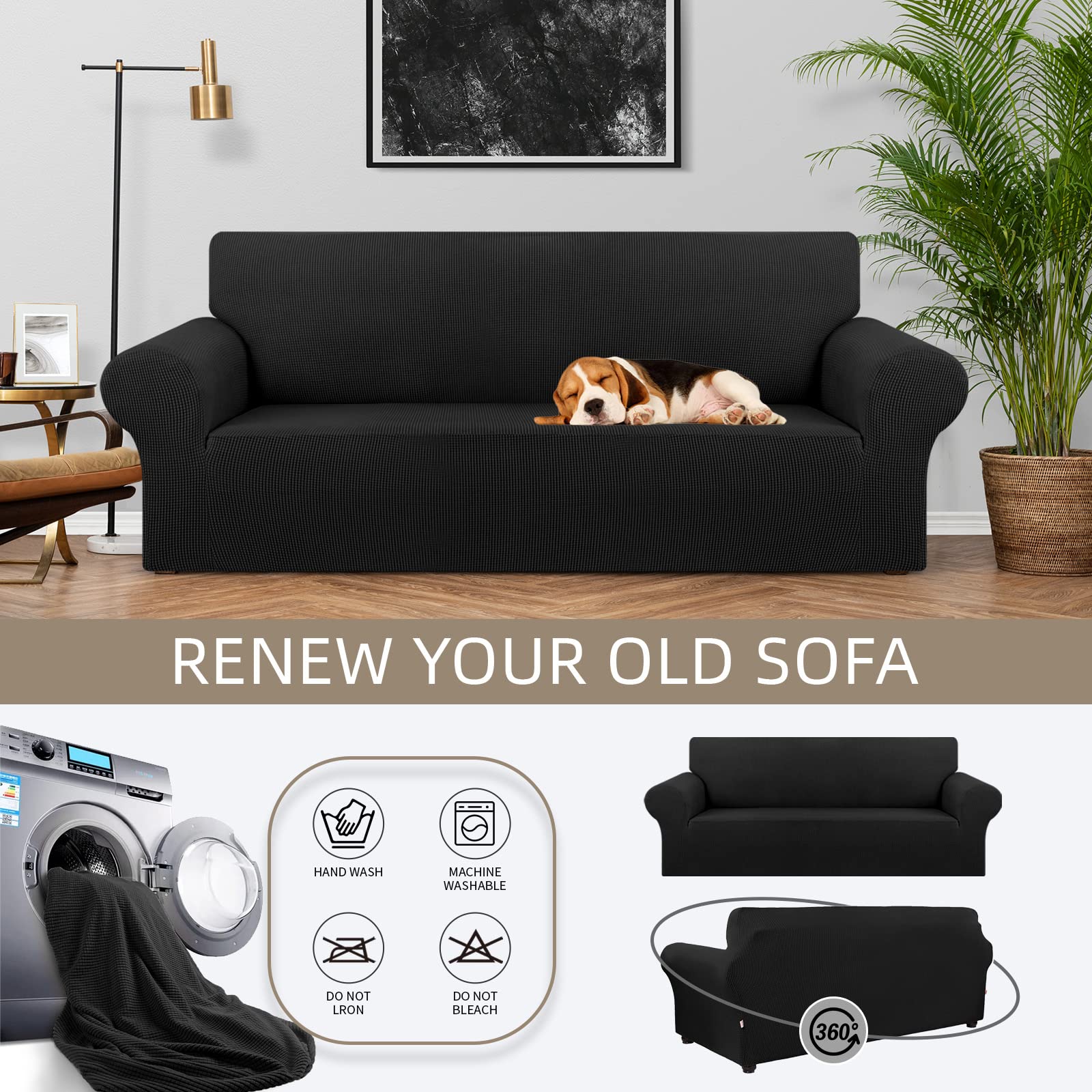 KEKUOU Stretch Sofa Cover Slipcover ,Couch Covers for 3 Cushion Couch Sofa pet Friendly (79"-94") Furniture Protector Sofa with Elastic Bottom for Kids,Dog, Jacquard Small Checked(Large,Black)