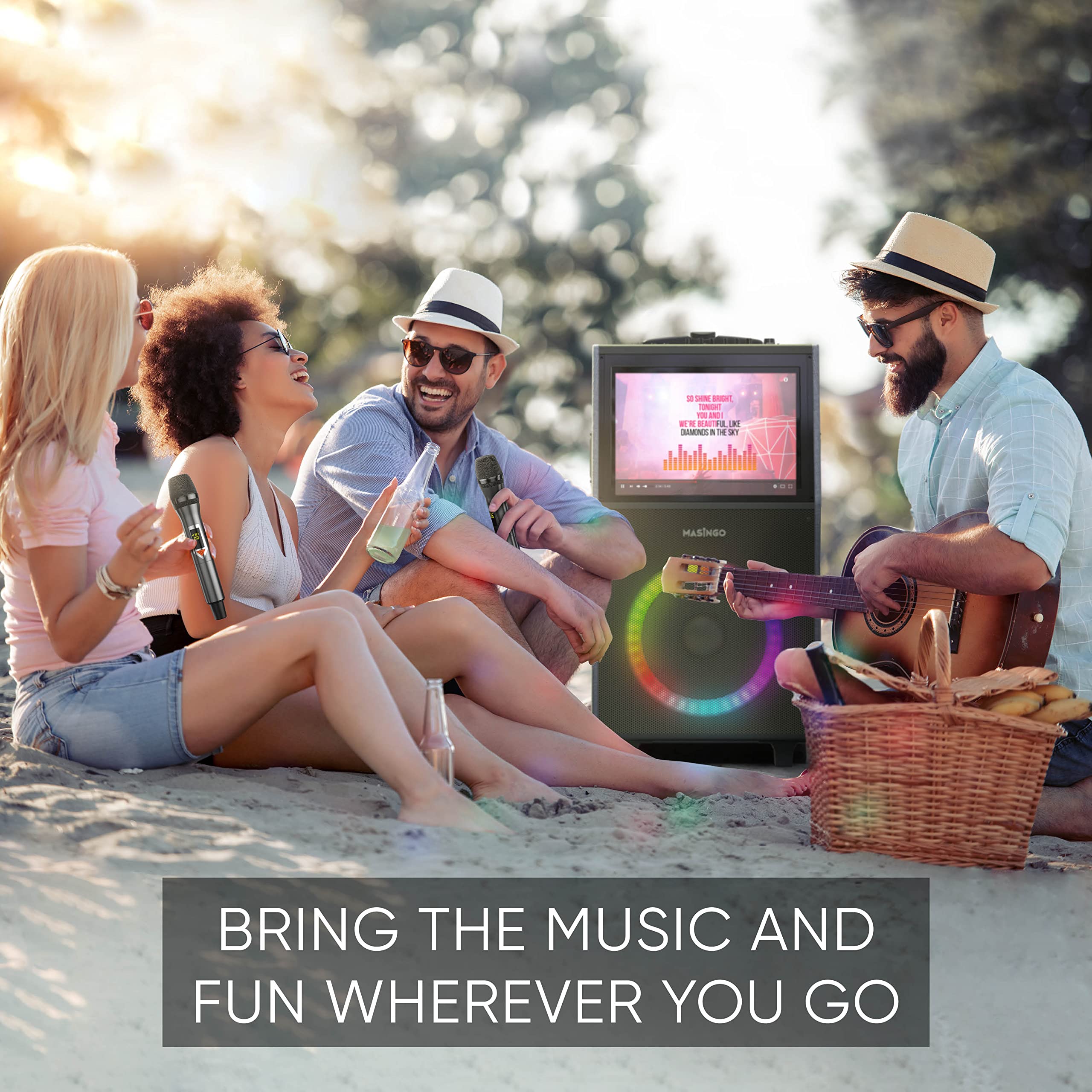 MASINGO Professional Karaoke Machine with Lyrics Display Screen + 2 Wireless Microphones, Bluetooth Portable PA Speaker with Built-in 15" Tablet & WiFi - Best Gift for Adults and Kids - X8 2021 Model