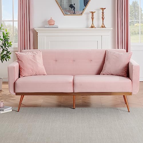 Velvet Futon Sofas Bed and Couch,70 Inches Long, Mid Century Modern Couch Tufted Back Sofa , 2 Throw Pillows, Armrest, 5 Metal Tapered and Wooden Legs for Living Room, Apartment, Bedroom (Pink)