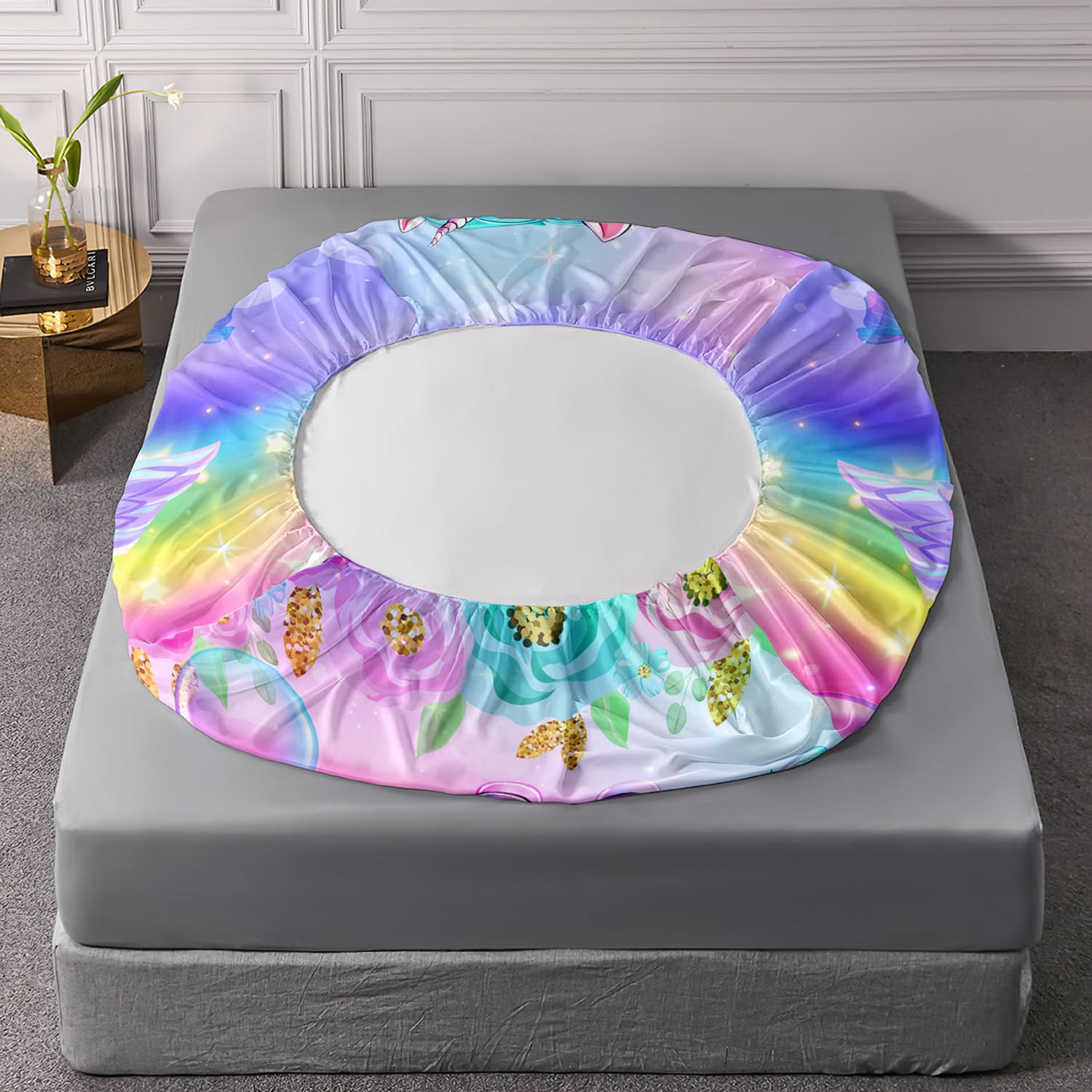 XYNHML Kid Unicorn Fitted Sheet Set Twin Size Rainbow Flower Star Pattern Kid Bed Sheet Cute Unicorn Butterfly Bedding Set for Boys Girls Includes 1 Fitted Sheets & 2 Pillowcases No Flat Sheet